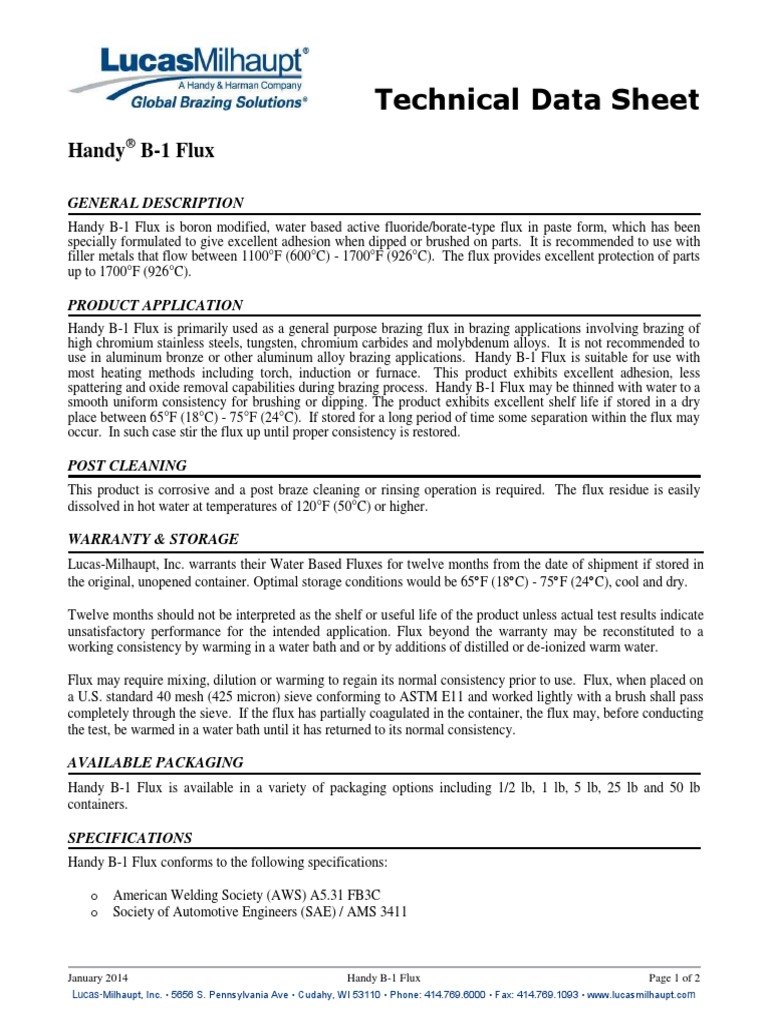 Technical Data Sheet: Handy B-1 Flux | PDF | Chemical Substances ...