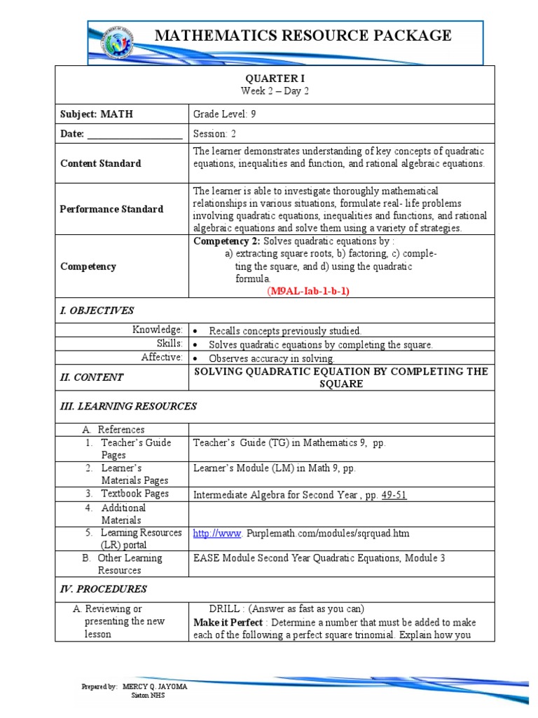 Mathematics Resource Package: I. Objectives | PDF | Quadratic Equation ...