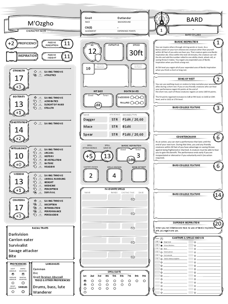 Character Sheet Bard Editable | PDF | D20 System | Gaming