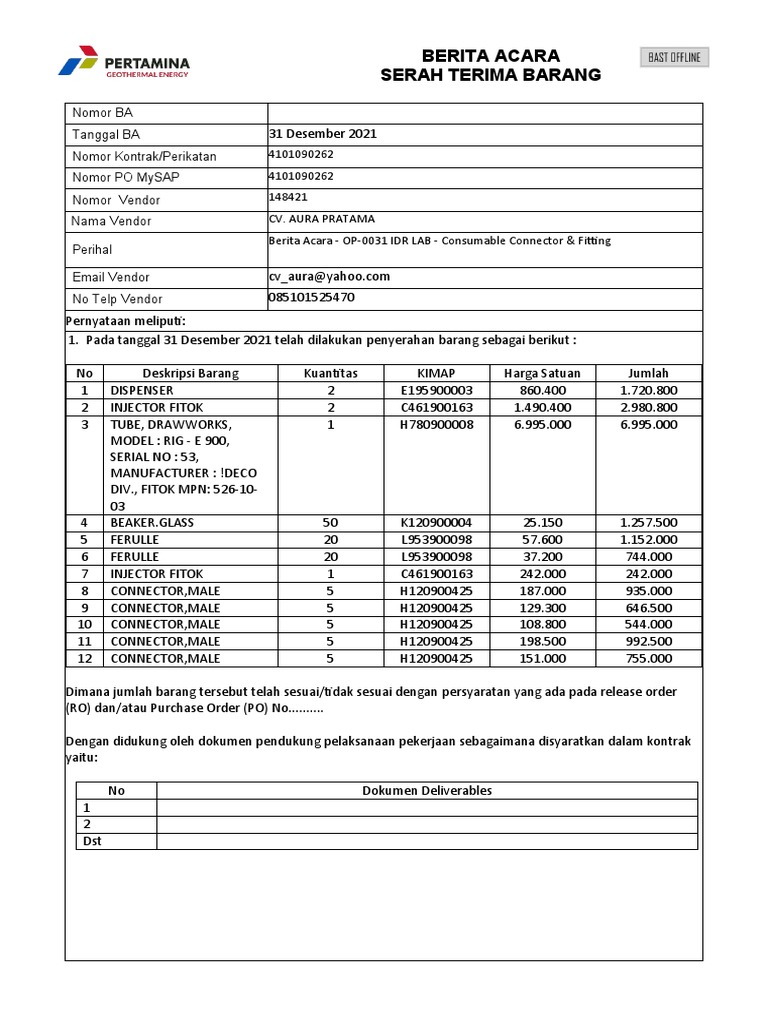 Format BAST Barang PT PGE | PDF