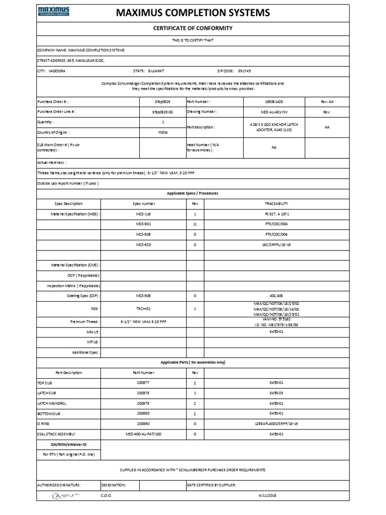 Certificate of Conformity: Applicable Specs / Procedures | Download ...