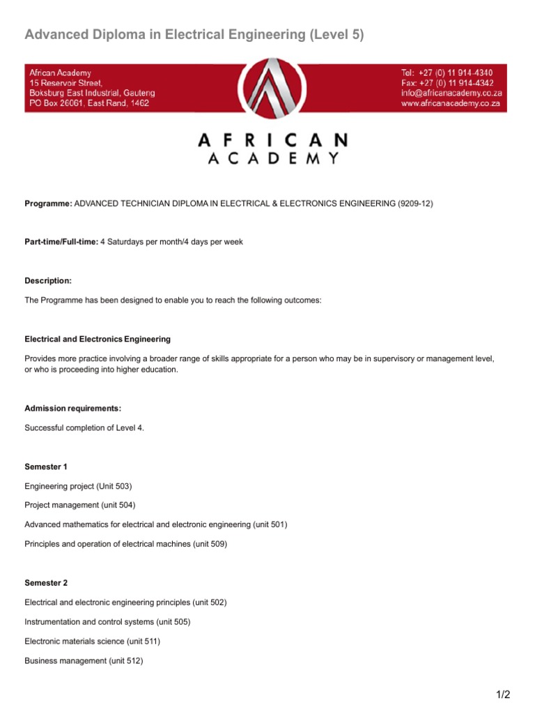 Advanced Diploma in Electrical Engineering Level 5 | PDF