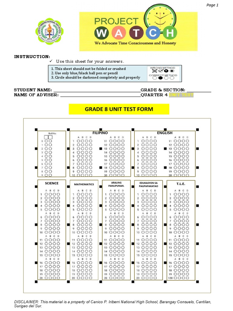 Grade 8 Unit Test Form | PDF