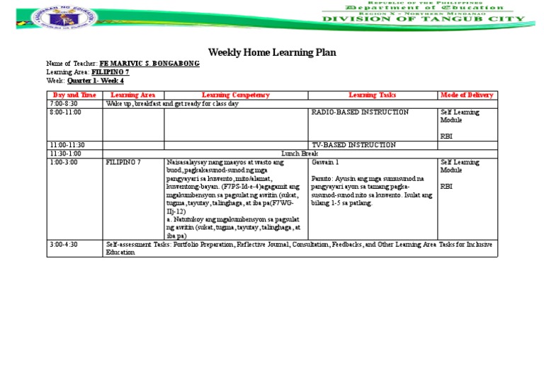 FILIPINO-Weekly Home Learning Plan | PDF