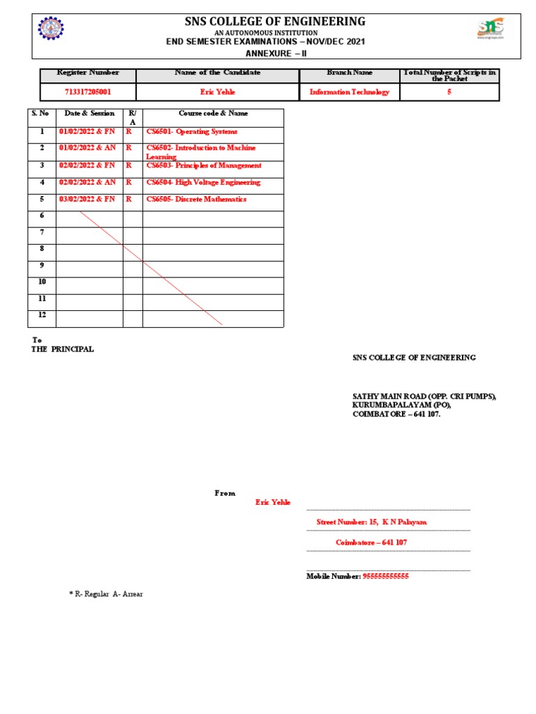 Sns College of Engineering: End Semester Examinations - Nov/Dec 2021 Annexure - Ii | PDF ...