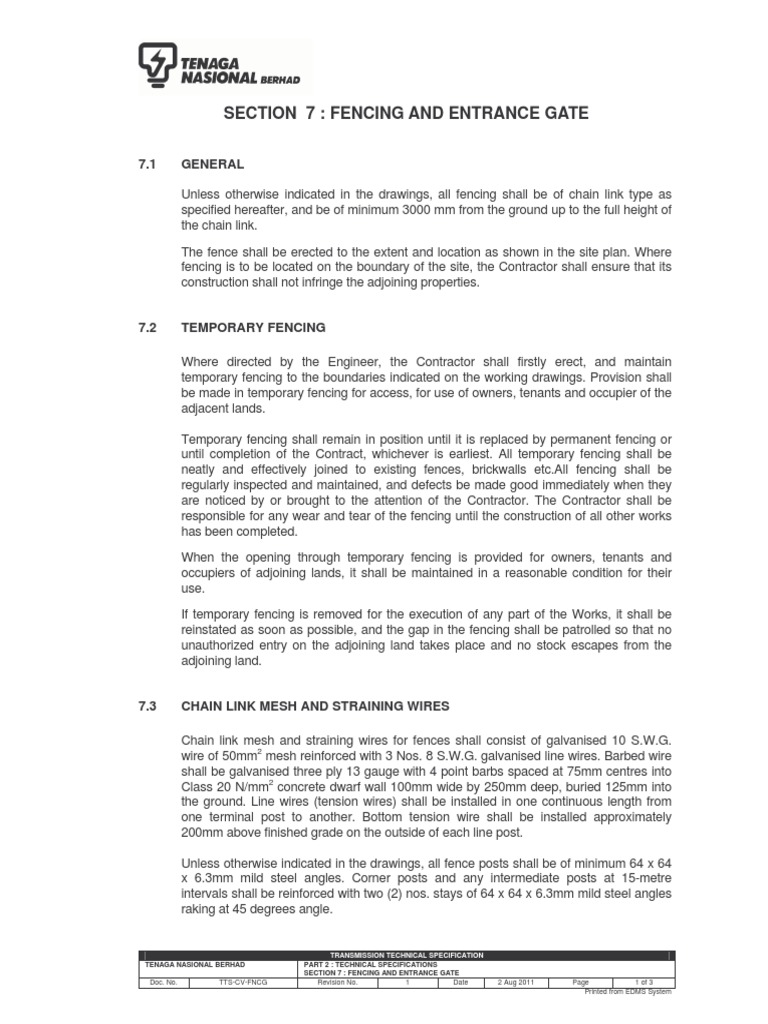 Section 7: Fencing and Entrance Gate: 7.1 General | PDF | Building ...
