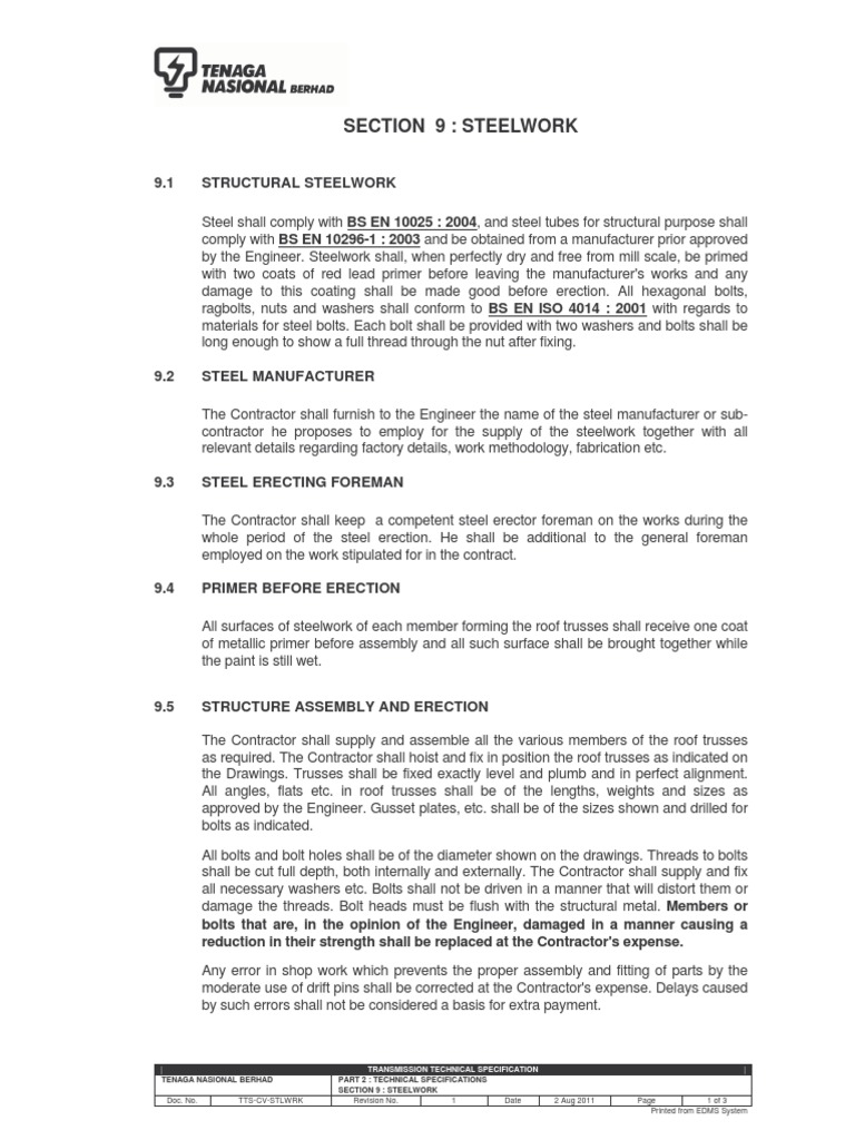 Section 9: Steelwork: Tenaga Nasional Berhad Part 2: Technical Specifications Section 9 ...