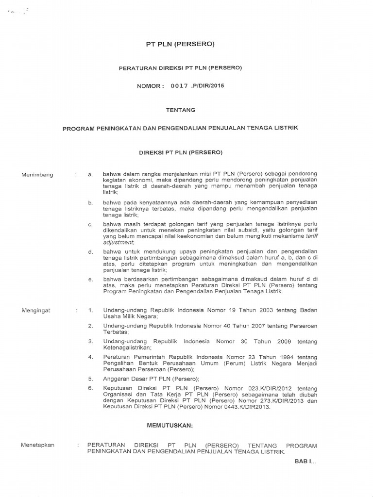 Perdir N0 17P - Dir-Peningkatan Penjualan TNG Listrik | PDF