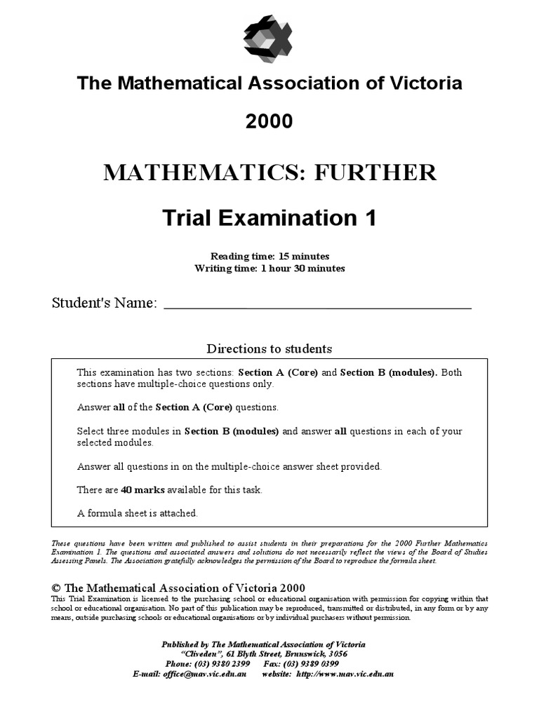 (VCE Further) 2000 MAV Unit 34 Exam 1 and Solutions | PDF | Skewness ...