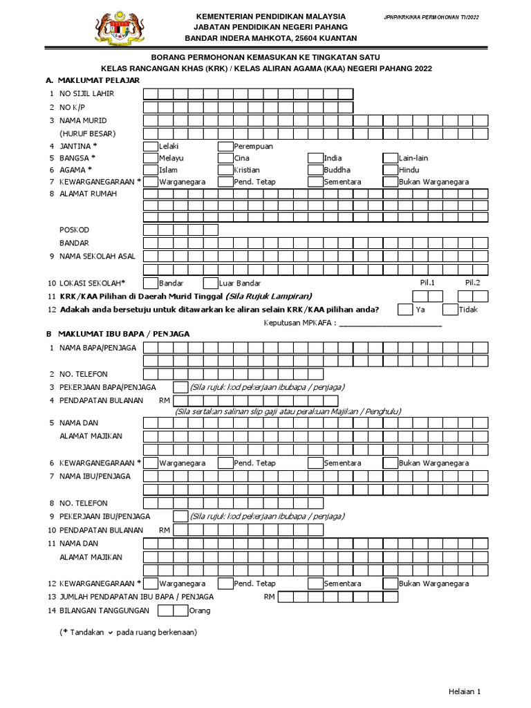 Borang Permohonan Tingkatan 1 Sesi 2022 | PDF Borang Permohonan Tingkatan 1 Sesi 2022 | PDF