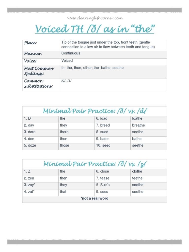Voiced TH /Ð/ As in "The": Minimal Pair Practice: /Ð/ vs. /D | PDF ...
