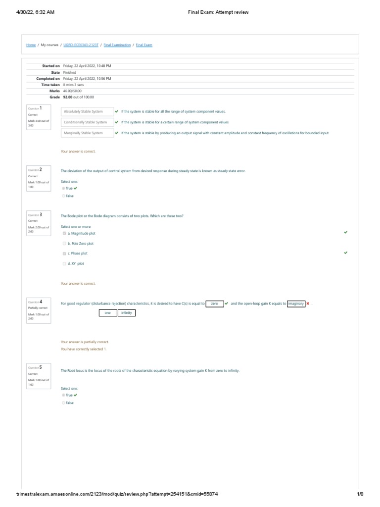 Final Exam - Attempt Review ECE 6331 | PDF | Control Theory ...