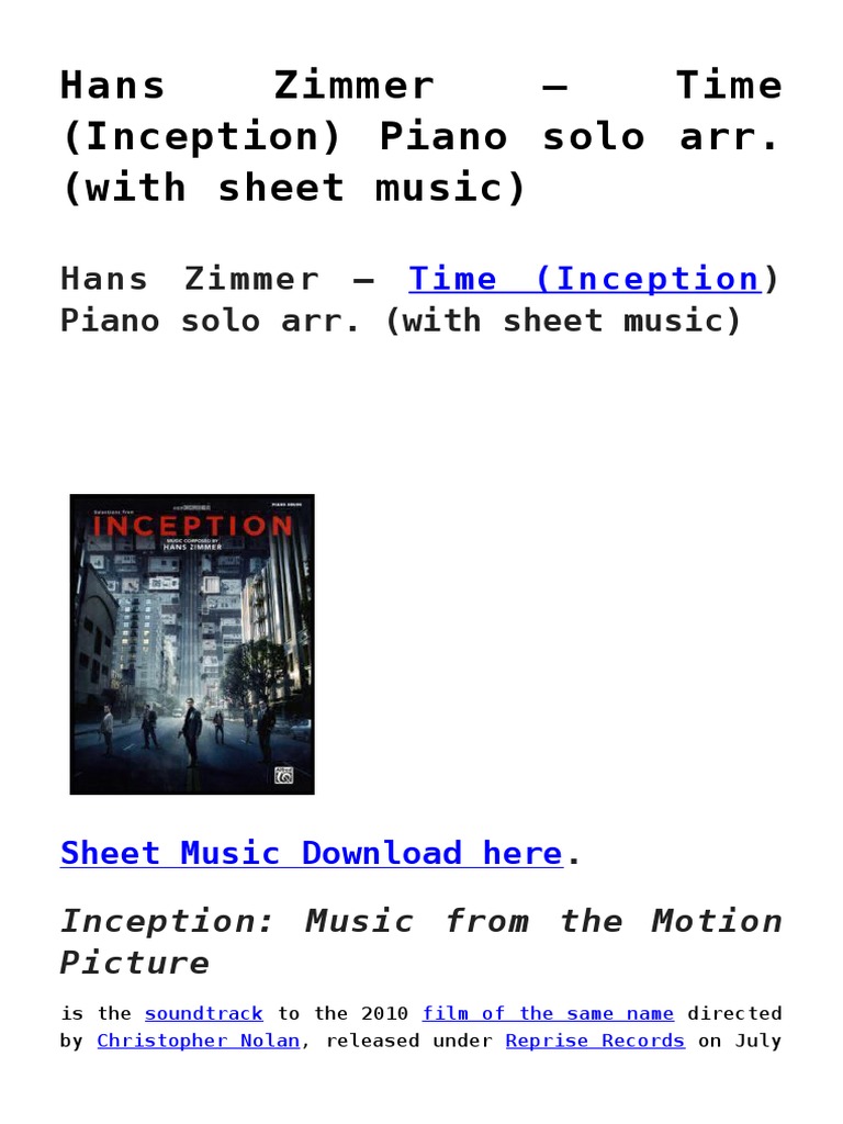 Hans Zimmer - Time (Inception) Piano Solo Arr. (With Sheet Music) | PDF
