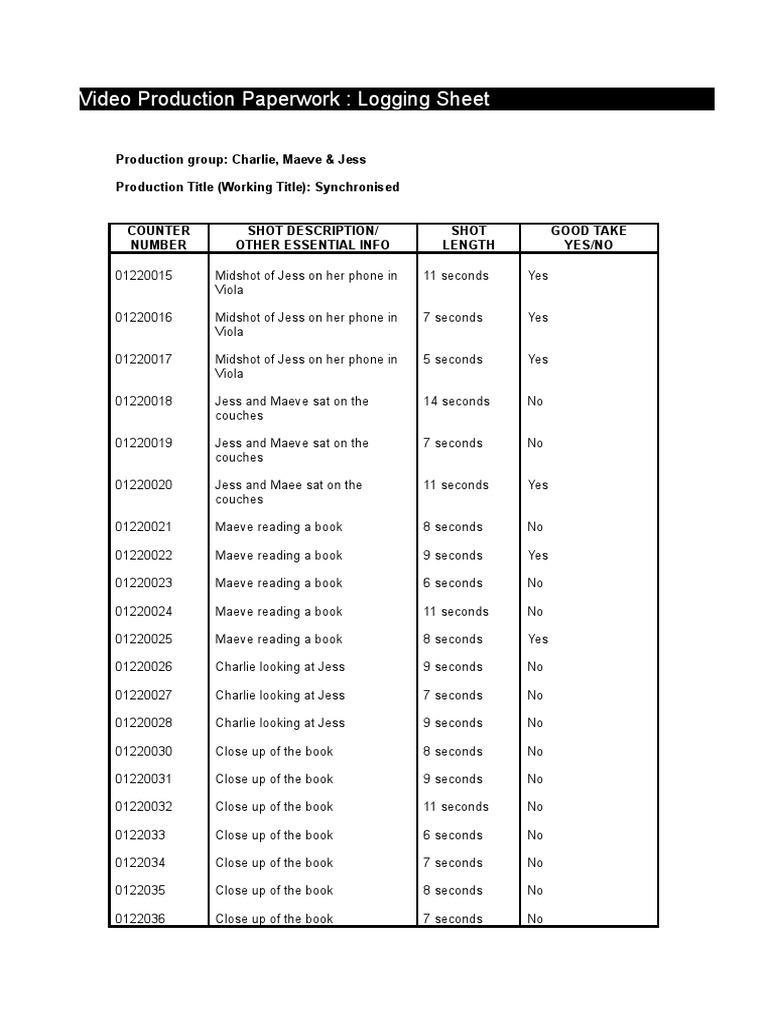 Video Production Paperwork: Logging Sheet | PDF