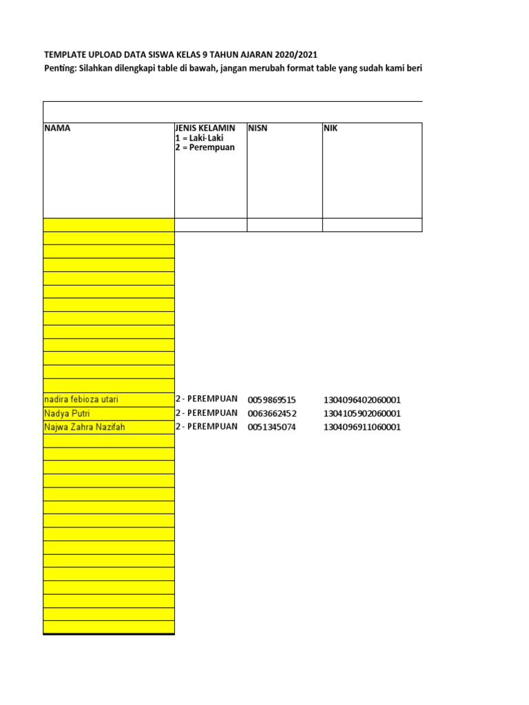 Template Data Siswa Kelas 9 2020/2021 | PDF