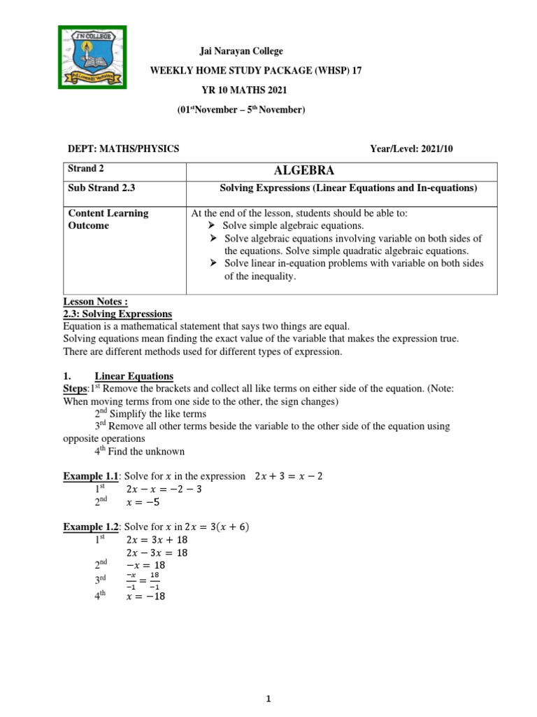 Year 10 Maths Weekly Home Based Study Package 17 | PDF | Equations ...