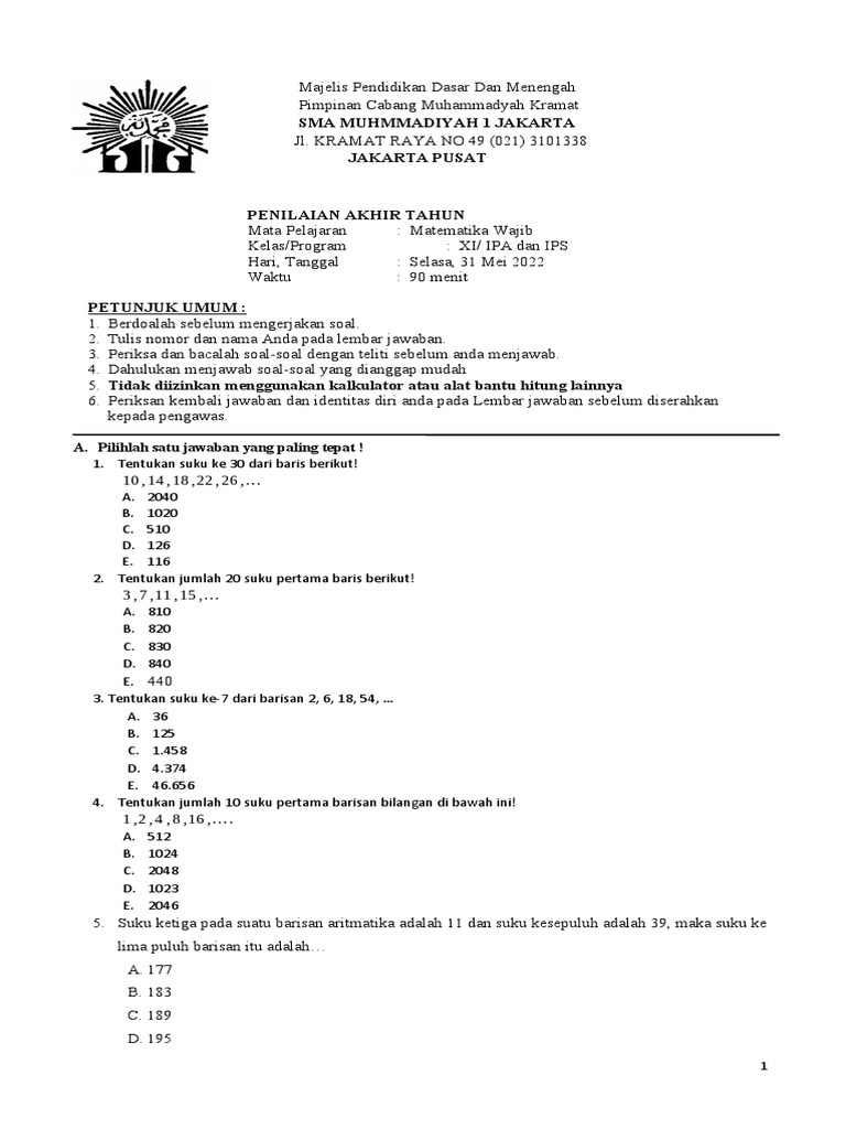 Soal MTK Wajib XI PAT Genap 2022 | PDF