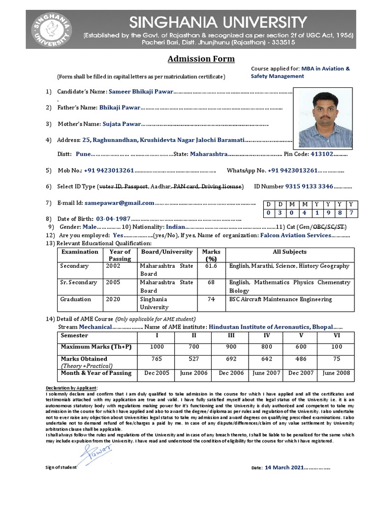 Application for Admission to the MBA in Aviation & Safety Management Program at Singhania ...