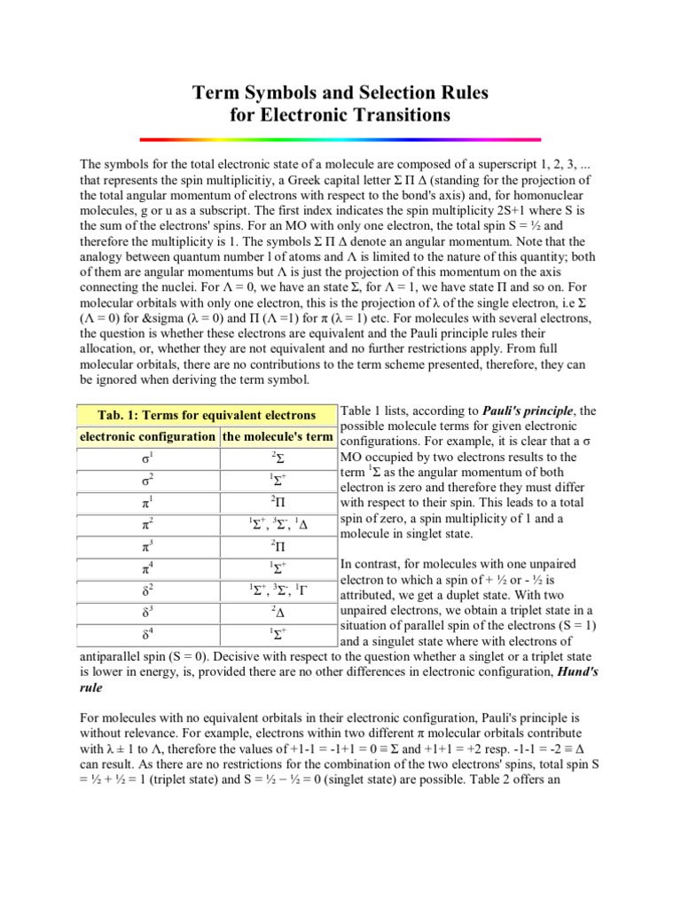 Term Symbols and Selection Rules | PDF | Molecular Orbital | Spin (Physics)