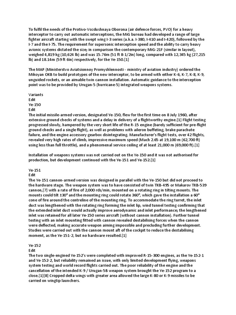 Development of the Mikoyan-Gurevich Ye-150 heavy interceptor | PDF ...