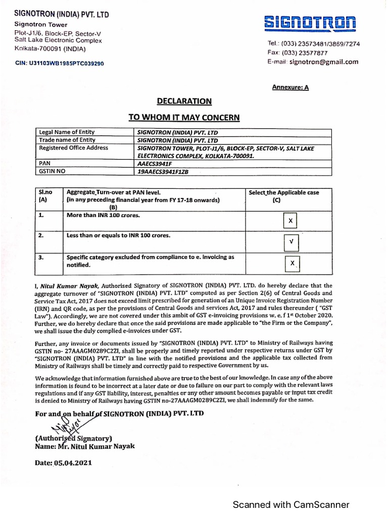 GST Declaration Signotron 100 CR | PDF