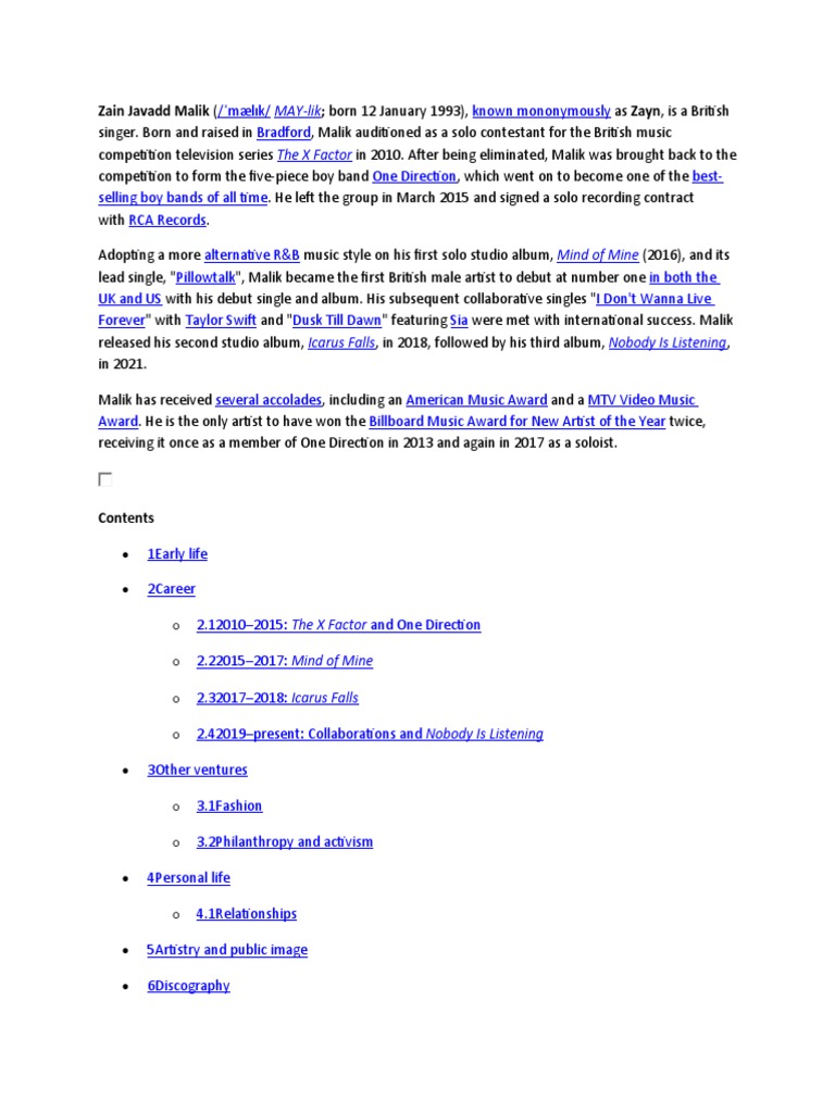 Zain Javadd Malik | PDF | One Direction