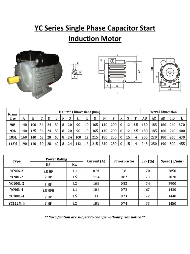 YC Series Single Phase Motor Specs | PDF