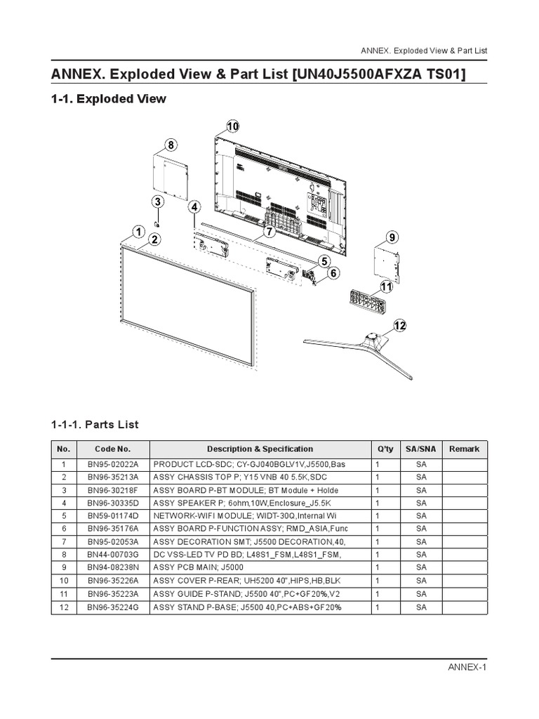 ANNEX. Exploded View & Part List (UN40J5500AFXZA TS01) | PDF ...