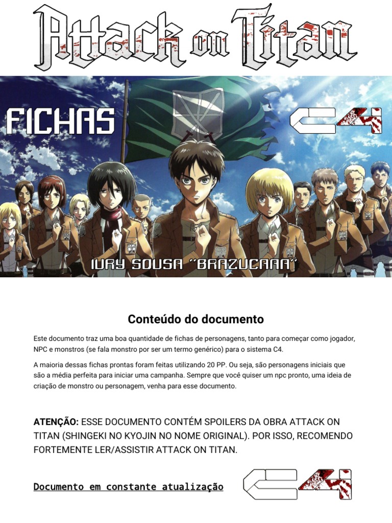 Attack On Titan (C4) - Fichas Prontas | PDF