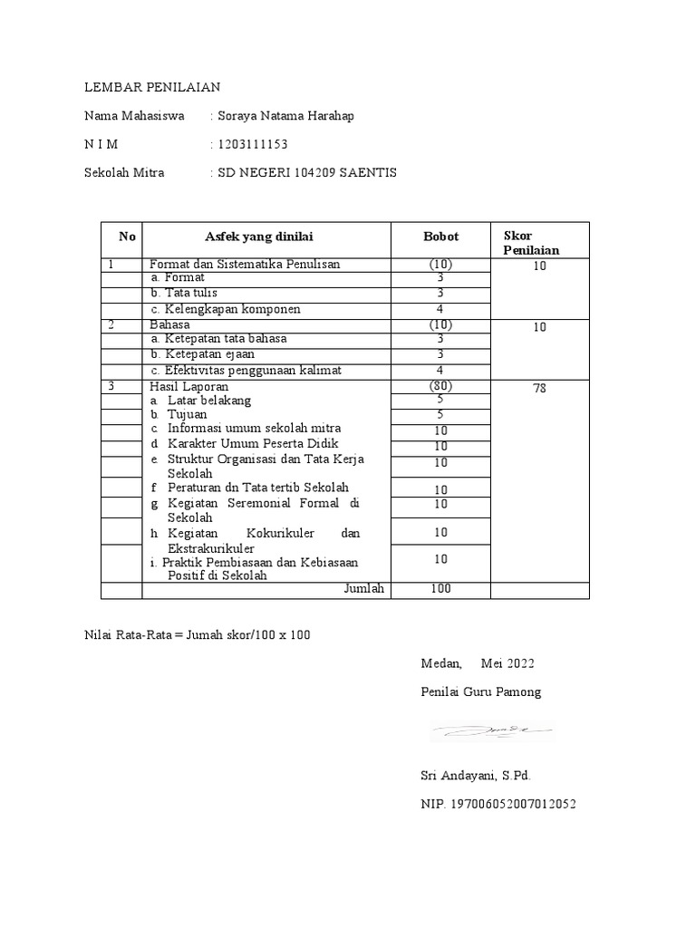 Lembar Penilaian Soraya | PDF