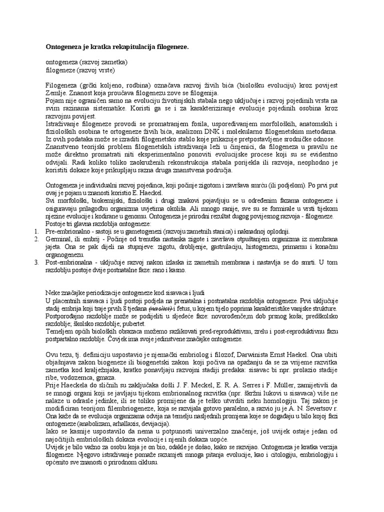 Ontogeneza Je Kratka Rekapitulacija Filogeneze | PDF