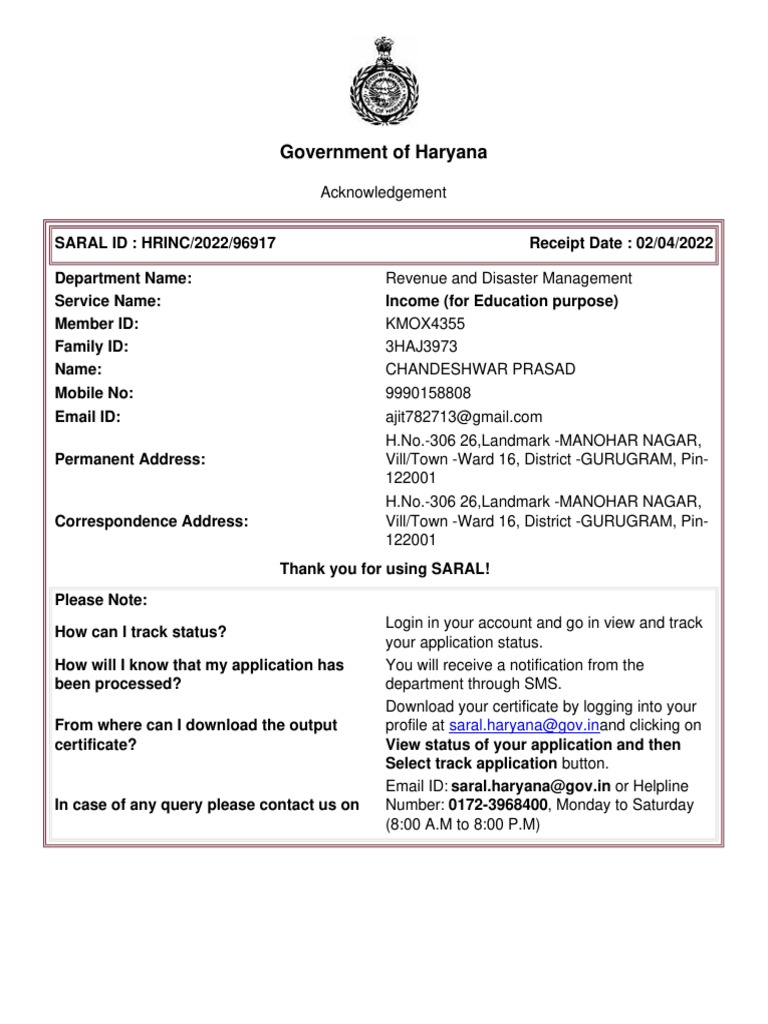 Government of Haryana: Saral - Haryana@gov - in | PDF