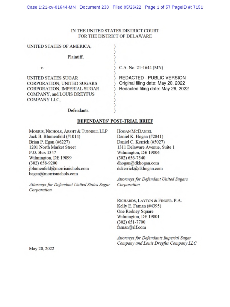 230 - Usa v. Us Sugar - Redacted Version of 220 Post Trial Brief - 05. ...