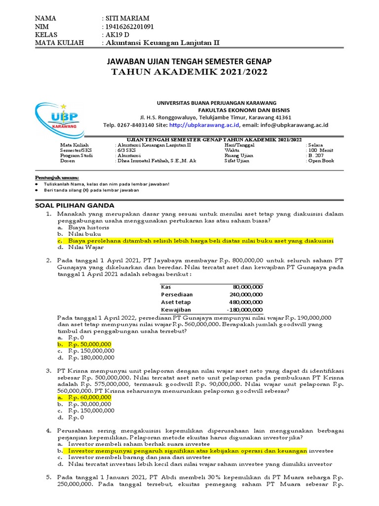 Jawaban Uts Akl 2 - Siti Mariam 19416262201091 | PDF