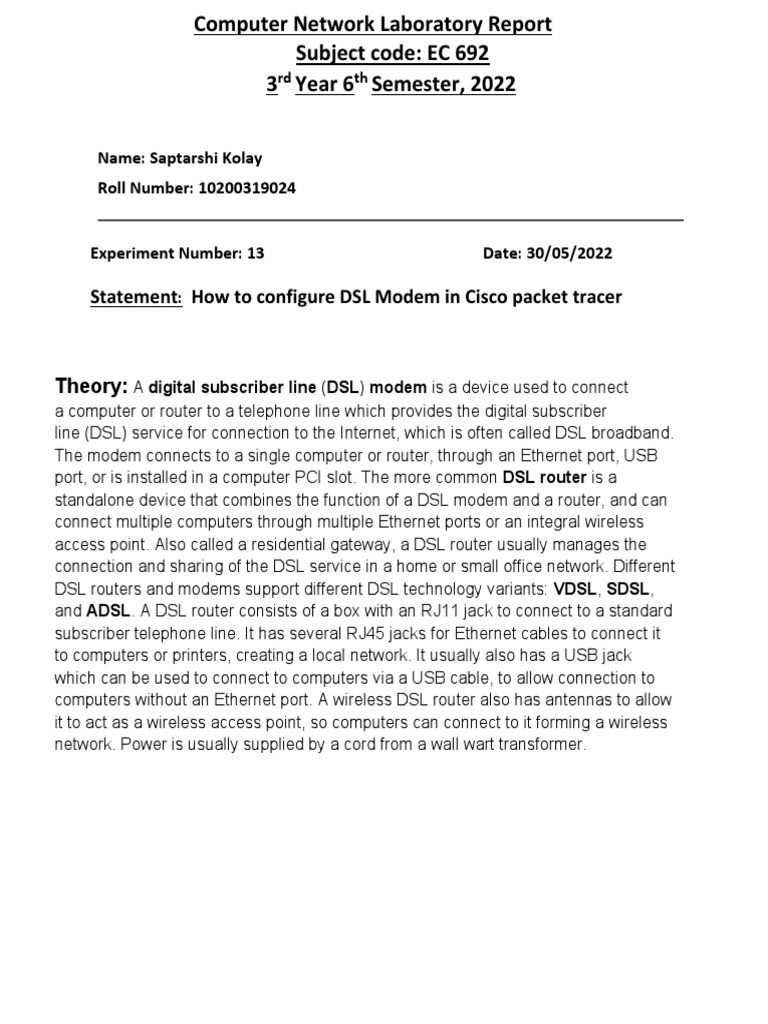 Configuring a DSL Modem in Cisco Packet Tracer: A Step-by-Step Guide | PDF