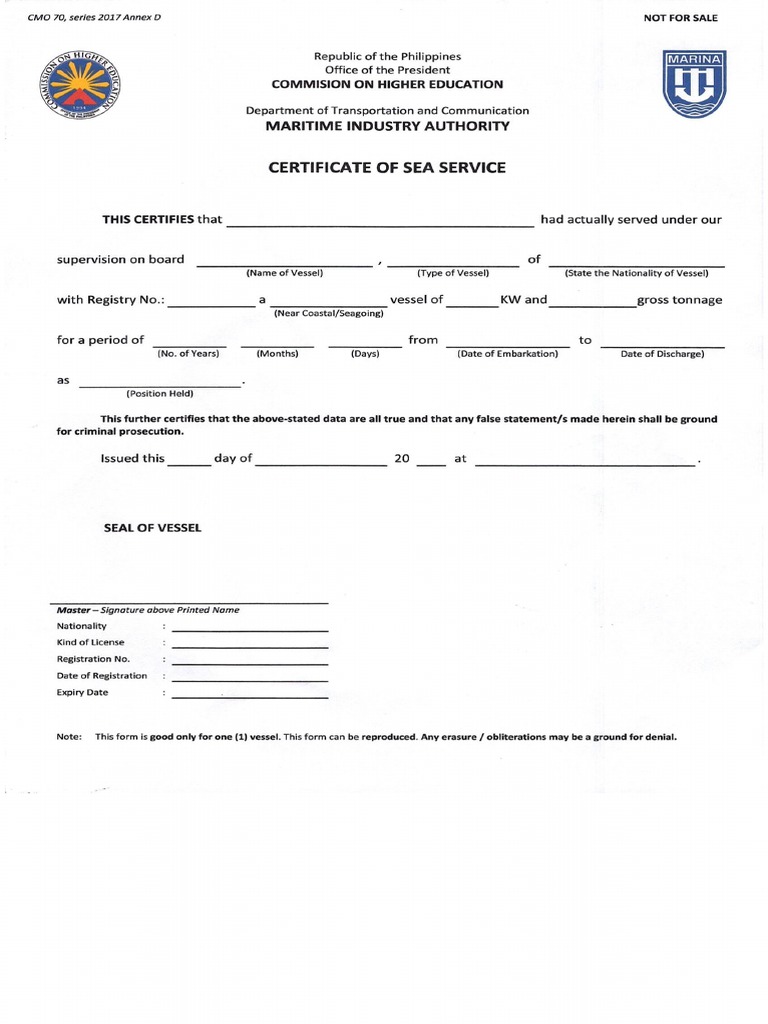 Cert - of Sea Service CHED MARINA Form 0001 | PDF