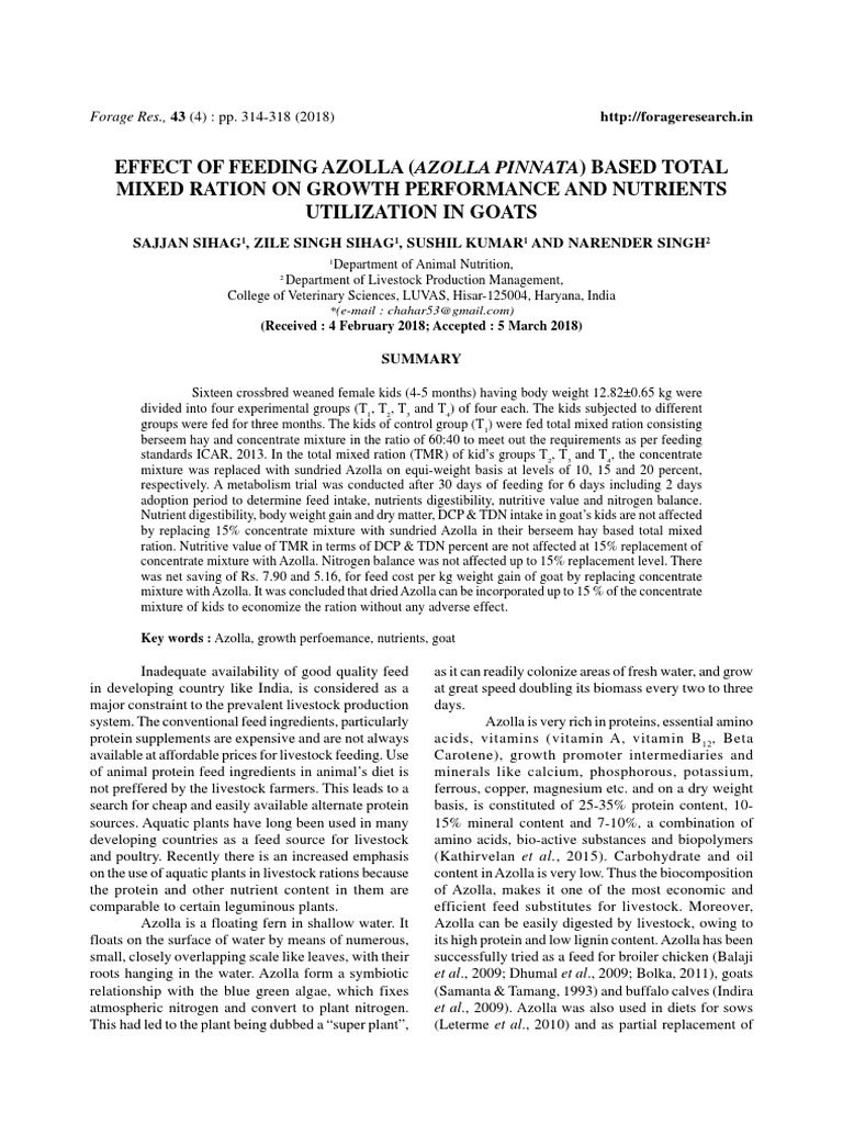 Effect of Feeding Azolla | PDF | Nutrients | Vitamin