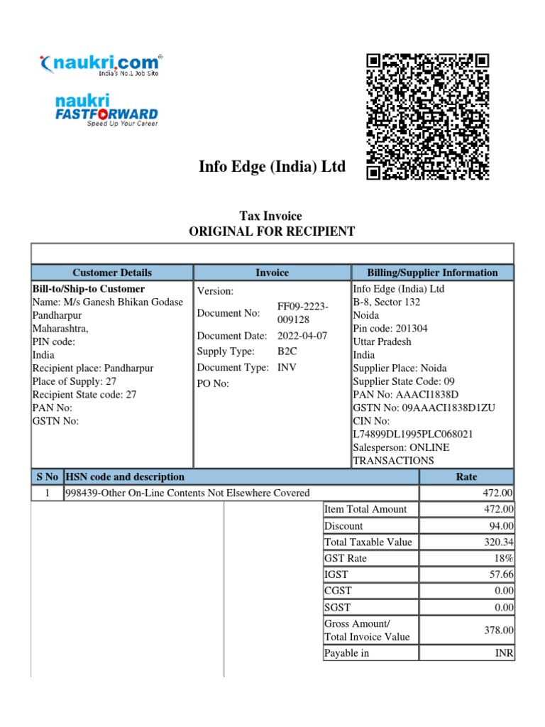 Info Edge (India) LTD: Tax Invoice Original For Recipient | PDF ...