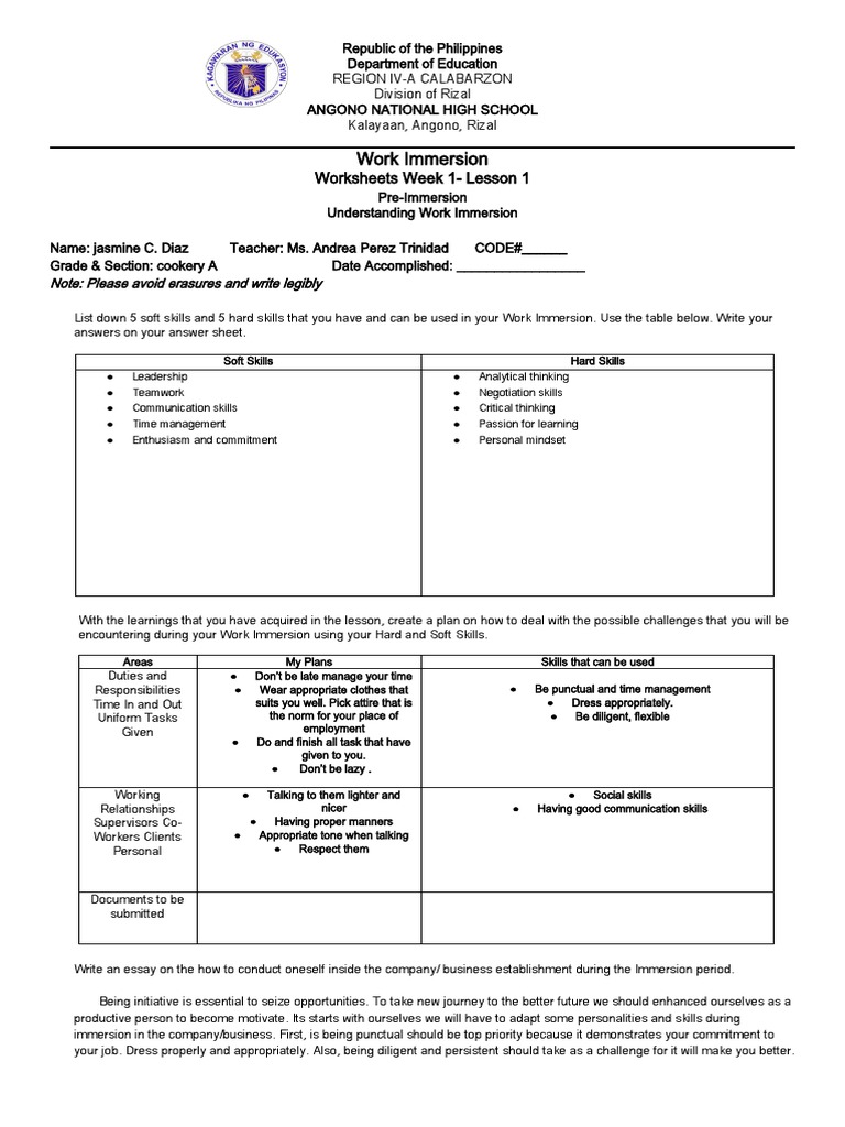 Work Immersion: Worksheets Week 1-Lesson 1 | PDF | Communication ...