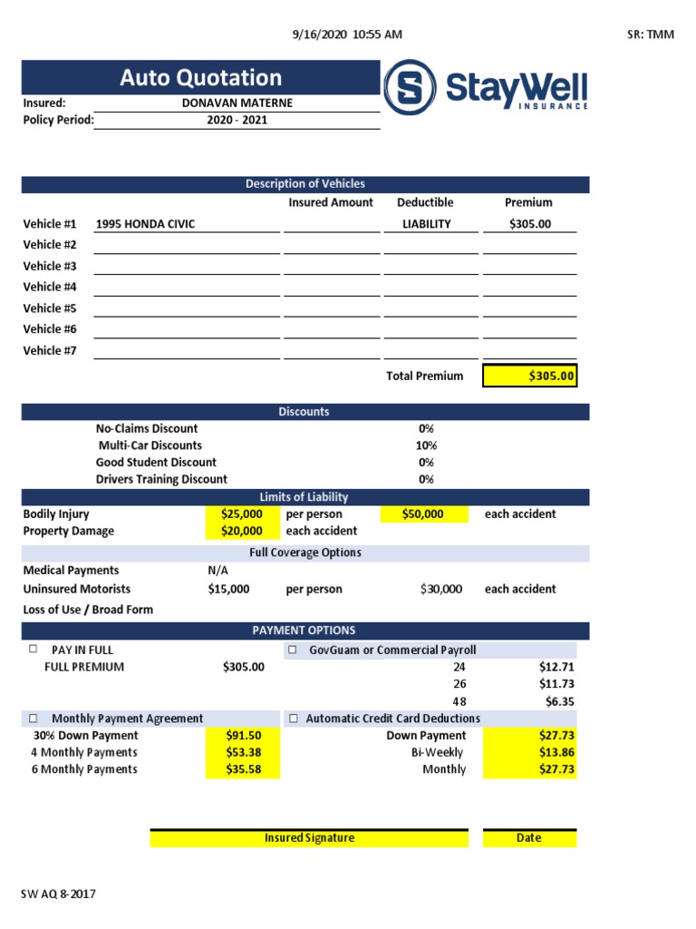 Auto Quotation: Description of Vehicles | PDF | Insurance | Liability ...
