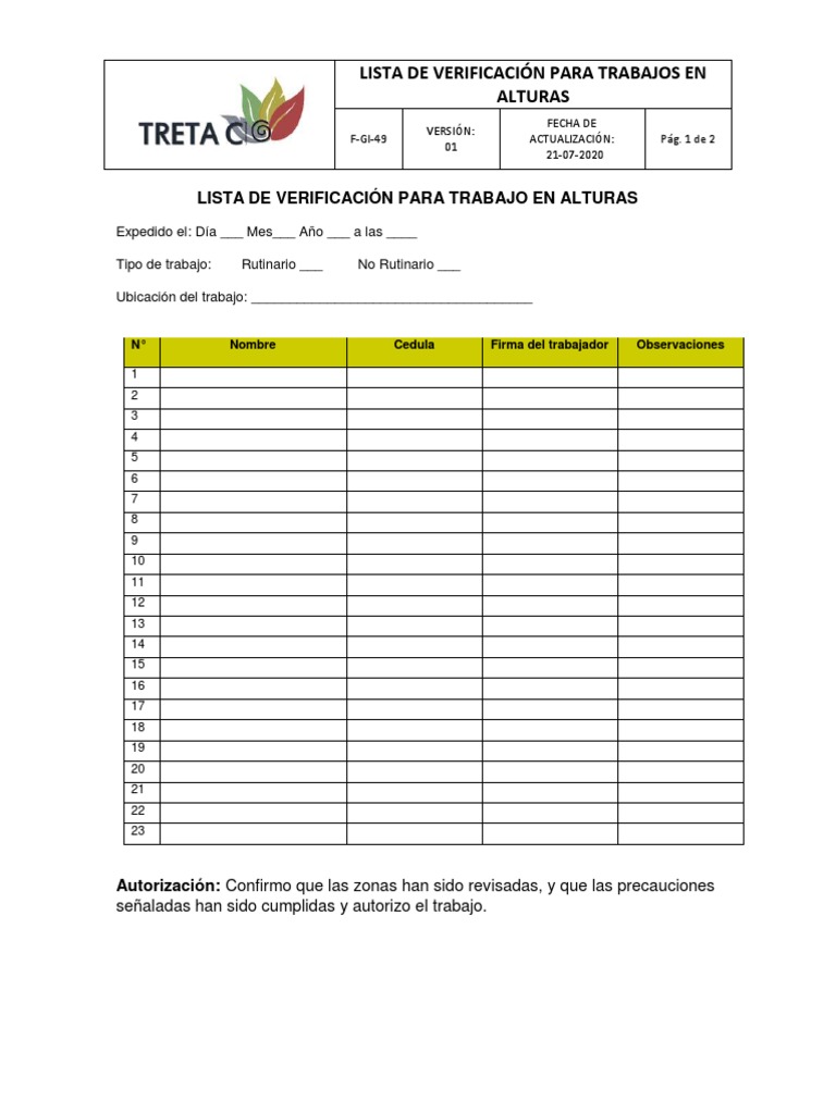 Lista de Verificacion para Trabajo en Alturas | PDF