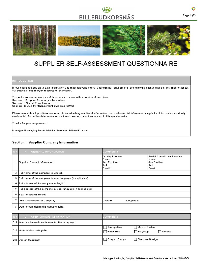 Billerudkorsnas Supplier Self Assessment Questionnaire | PDF | Overtime | Audit