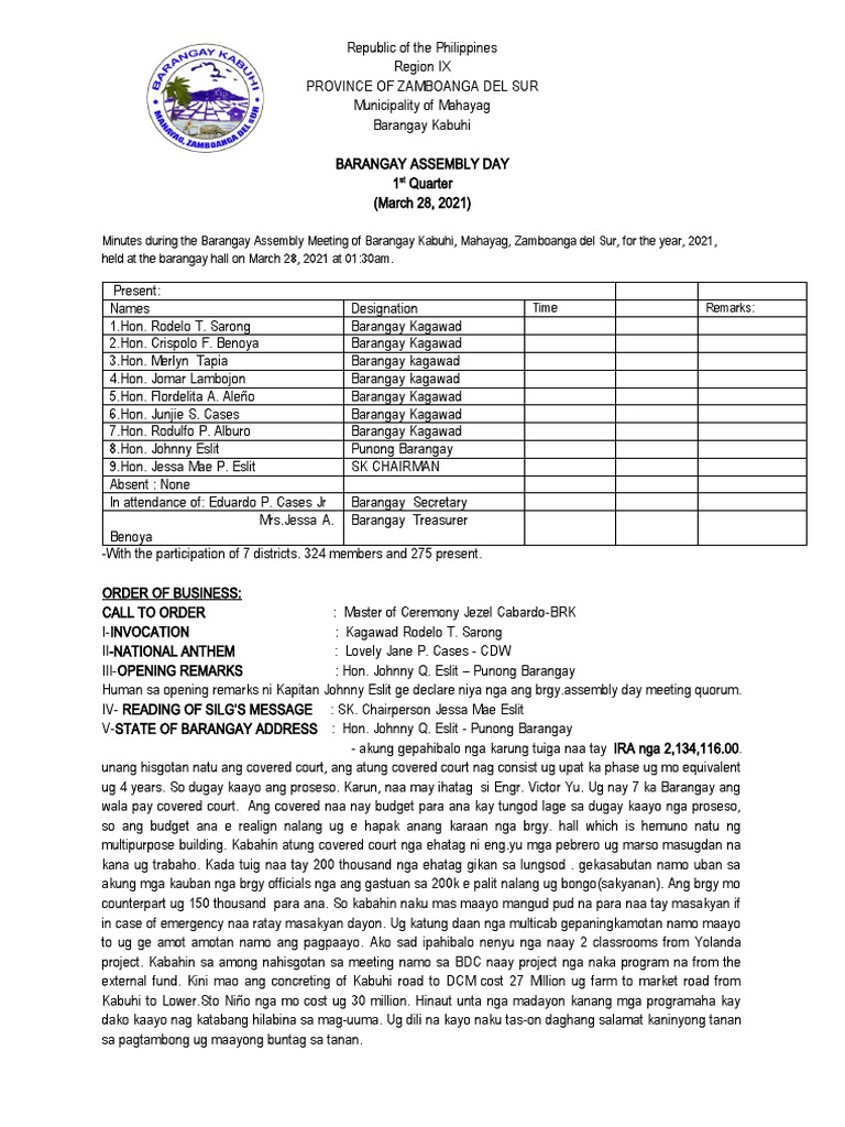 Minutes - Brgy - Assembly 2021 | PDF