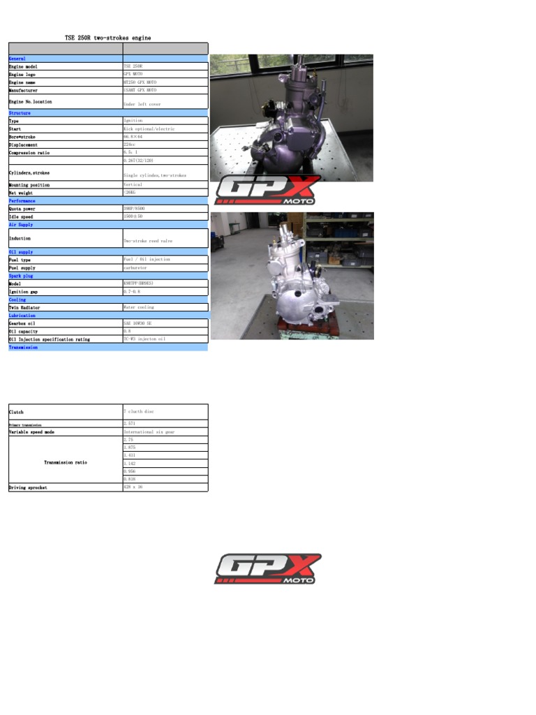 GPX 250rtse Two Stroke Engine Specifications Watermark | PDF