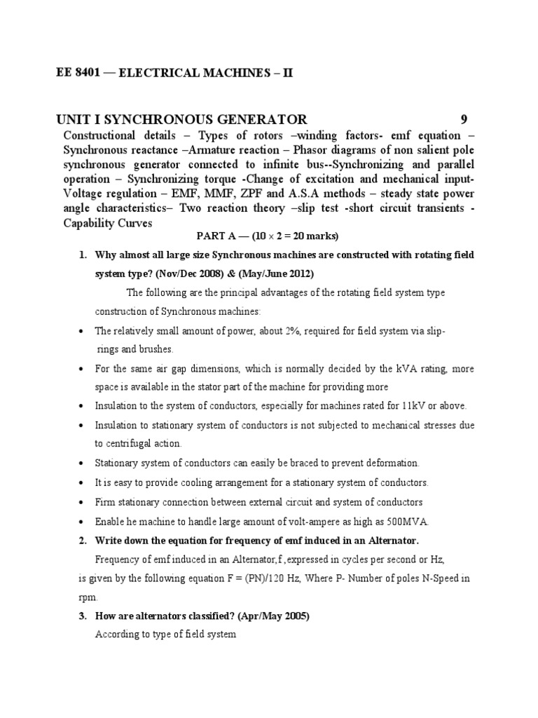 Unit I Synchronous Generator 9: Ee 8401 - Electrical Machines - Ii ...