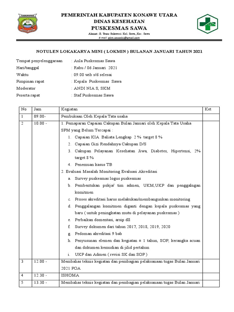 Notulen Lokmin Puskesmas Sawa 2021 | PDF