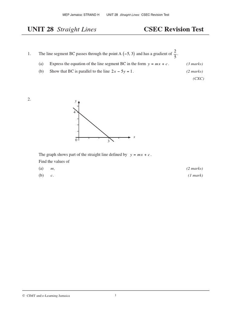 UNIT 28 Straight Lines CSEC Revision Test: (3 Marks) (2 Marks) (CXC ...