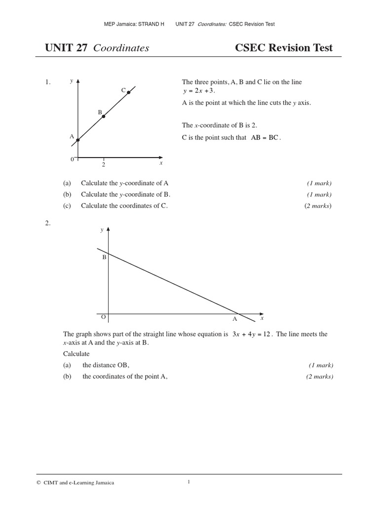 UNIT 27 Coordinates CSEC Revision Test: (1 Mark) (1 Mark) | Download ...