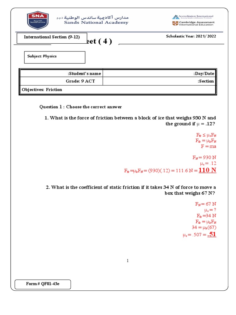 Worksheet 4 ACT Second Semester Answer Key | PDF | Force | Friction