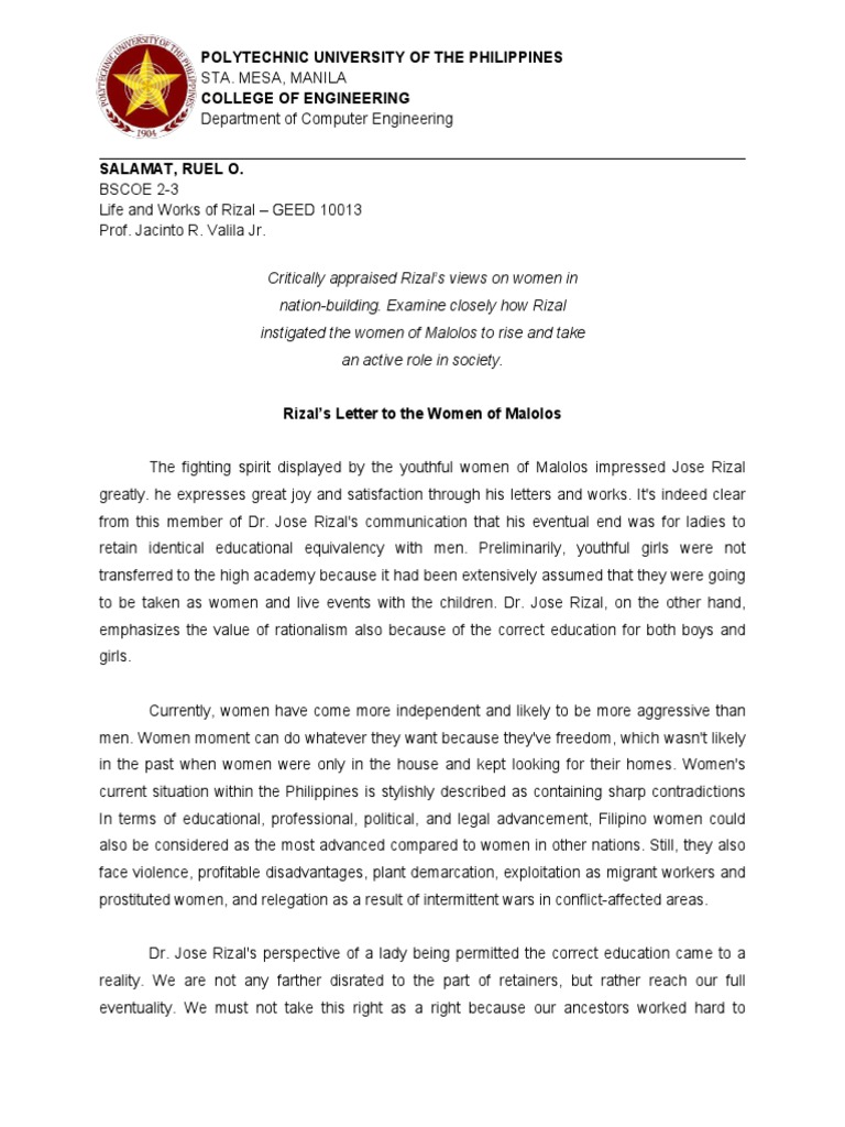 Rizal S Letter To The Women of Malolos | PDF